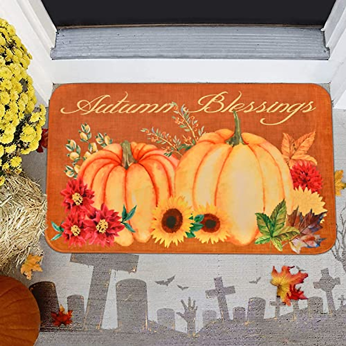 VERTKREA Pumpkin Sunflower Doormat, Autumn Floor Mat 18 × 30 Inches Happy Thanksgiving Mat Indoor for Living Room Bedroom Kitchen Orange