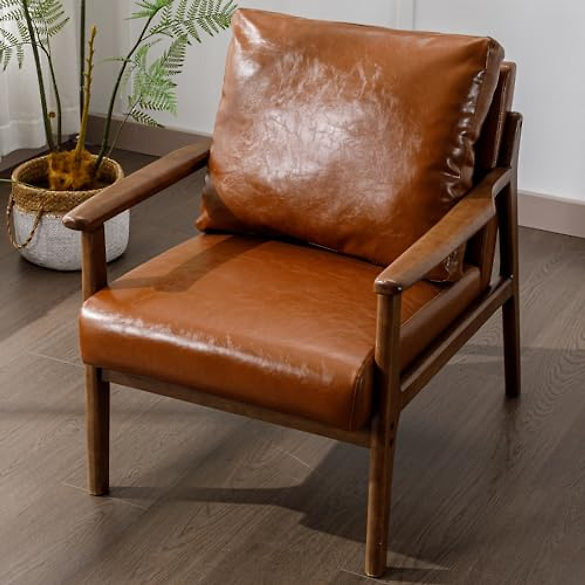 Okeysen Modern Leather Accent Chair with Solid Wood Frame,Upholstered Living Room Chairs with Waist Cushion,Comfy Reading Retro Side Lounge Arm Chair,Oversized Chairs for Bedroom Waiting Room