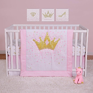 Sammy & Lou Tiara Princess 4-Piece Baby Nursery Crib Bedding Set for Girls, Includes Quilt, Fitted Crib Sheet, Crib Skirt, and Plush Toy