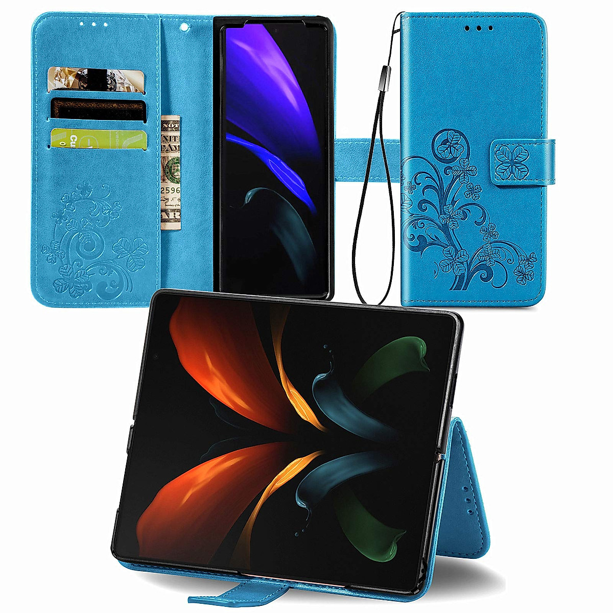 LEMAXELERS Galaxy Z Fold 2 5G Case Bling Diamond Clover Wallet Case with Card Slots Magnetic Flip Stand Premium PU Leather Shockproof Cover for Samsung Galaxy Z Fold 2 5G Diamond Clover Blue SD