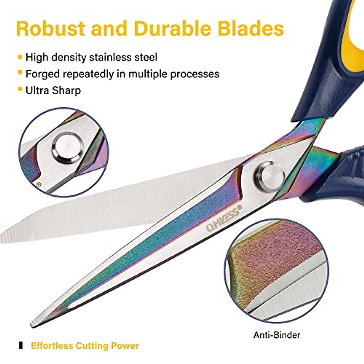 Scissors, QMVESS 9.5 Inch Premium Fabric Scissors Heavy Duty Multi-Purpose Sewing Scissors Titanium Coating Forged Stainless Steel Tailor Scissors Soft Grip Handle for Fabric Cardboard Leather Carpet