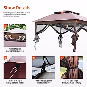 10'x10' Pop Up Gazebo Outdoor Canopy Gazebo Patio Canopy Gazebo with Mosquito Netting Double Roof Tops for Outdoor Garden Backyard and Patio,Brown