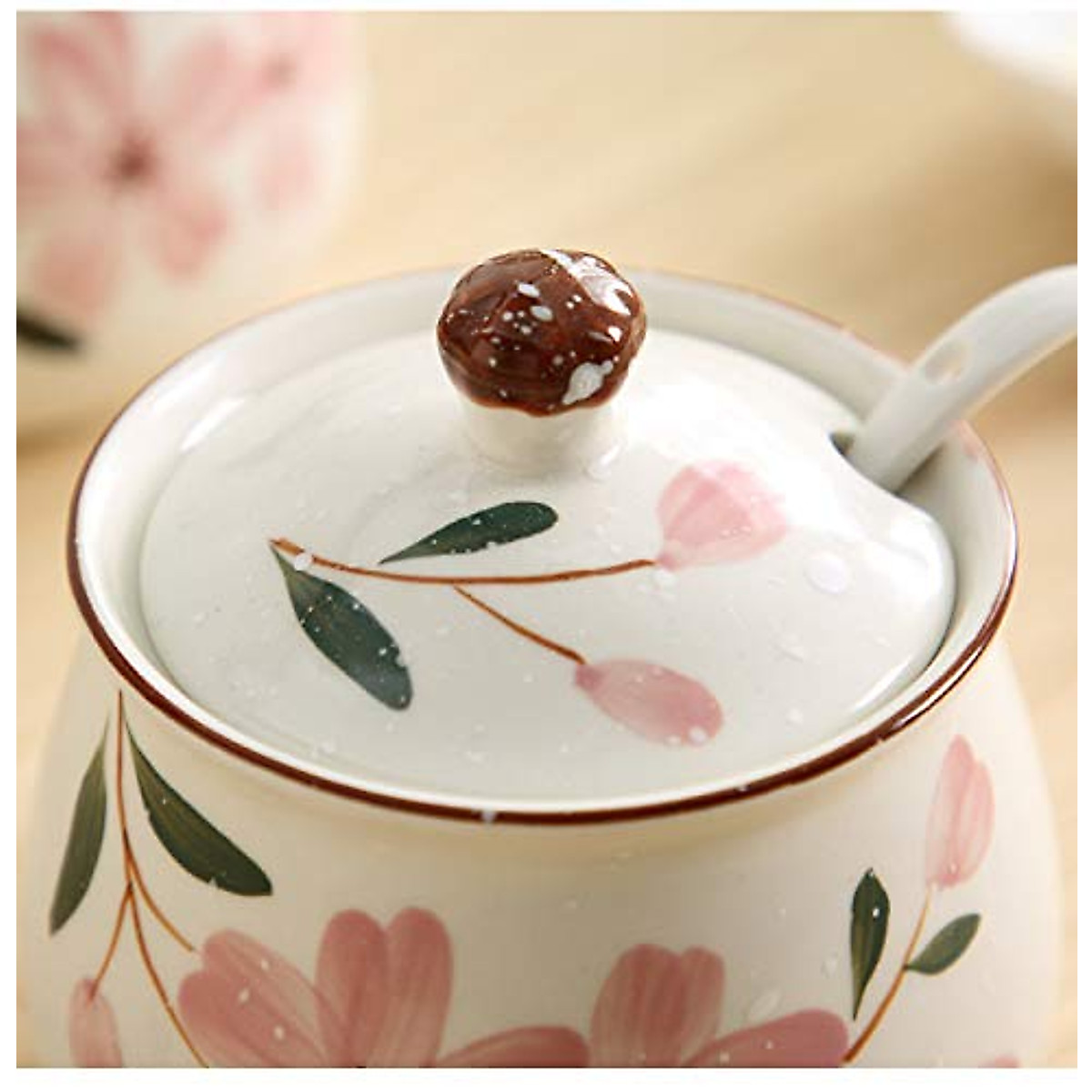 Ceramic Japanese Hand Painted Flower Sugar Bowl Seasoning Jar with Lid Spoon