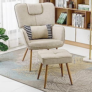 FERFALDER Upholstered Wingback Chair, Accent Chair with Ottoman, Comfy Living Room Chairs, Faux Leather Arm Chairs for Living Room, Bedroom, Office and Study, Beige