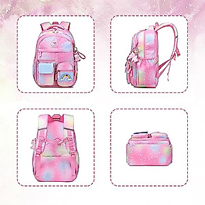 PIG PIG GIRL Girls Backpack, Functional Pockets Kids Backpack Kawaii Lightweight School Backpack Watrer Resistant Book Bag with Unicorn Pendant for Primary Elementary School,Pink