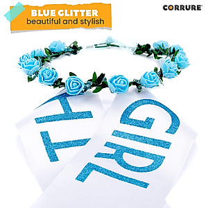 CORRURE 'Birthday Girl' Sash and Tiara - Soft Satin Black with Blue Glitter Birthday Sash for Women with Flower Headband - Ideal Sweet 16, 18th 21st 25th 30th 40th or Any Other Bday Party