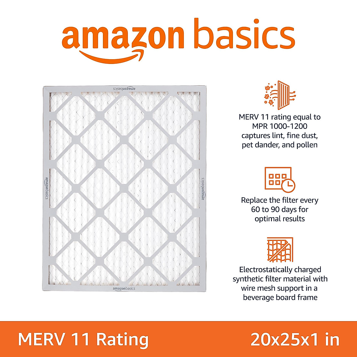 Amazon Basics Merv 11 AC Furnace Air Filter - 20'' x 25'' x 1'', 6-Pack