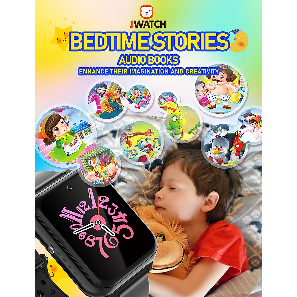 Jwatch Kids Smart Watch Phone Sos with 10 Stories 24 Puzzle Games Pedometer Boys Girls Gift for Birthday Christmas （Black）