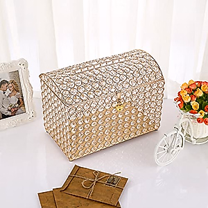 ELLDOO Crystal Wedding Card Box with Heart Lock, Money Card Box Treasure Chest Style Gold Gift for Wedding Receptions, Centerpiece Decor, Anniversary, Keepsake, Gift Display Box
