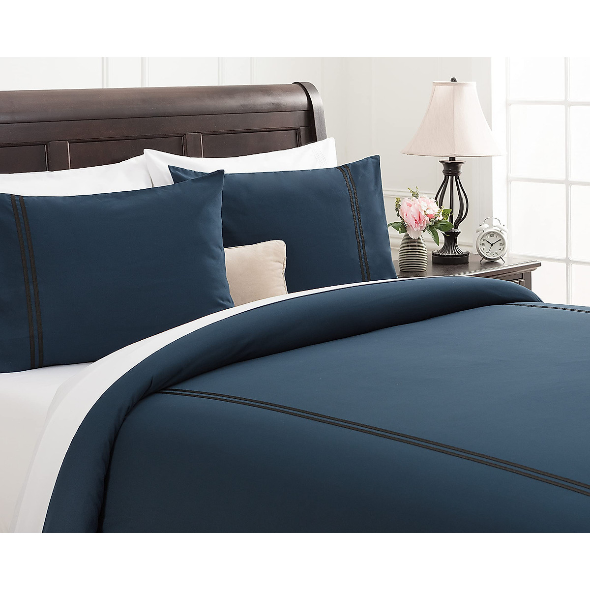 Chanasya Premium Bordered Navy Duvet Comforter Cover Bedding Set Queen Size - Stich 3-Piece Set Luxurious Minimalist Style Brushed Microfiber Comforter Cover - Ultra Soft Breathable Stain Resistant