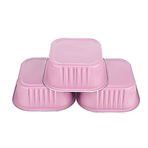 EUSOAR Cupcake Liner, 50pcs 10oz Pink Foil Mini Flan with Lids, Loaf Pans Aluminium Tins for Baking, Disposable Creme Brulee Cups Dessert Containers for Pie Souffle, Cake Holder for Party Serving