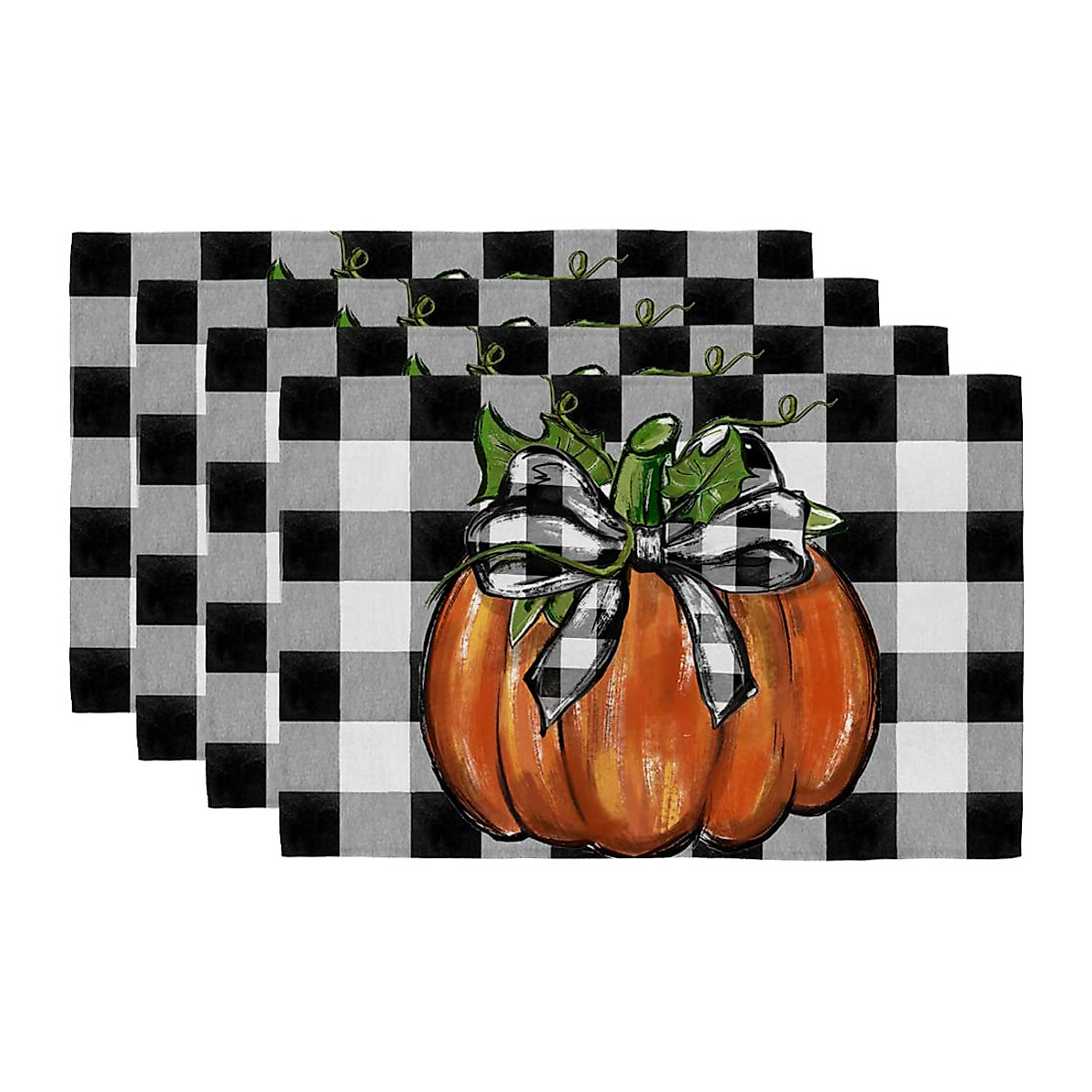 GEEORY Fall Placemats, 12x18 Inch Set of 4 Buffalo Plaid Check Pumpkins Table Decoration for Kitchen Dining, Indoor & Outdoor Dinner Party (Orange Pumpkin) GP085-18