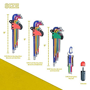 KOTTO Hex Key Allen Wrench Set, Metric, Imperial, Torx, Star Long Arm Ball End Set Tools, Industrial Grade with Storage Bag