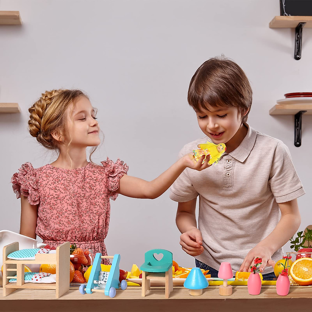 Civaner 52 Pcs Wooden Dollhouse Furniture Set Including 8 Family Dolls Miniature Doll House Accessories 1:12 Scale 5 Space Kits Bathroom Bedroom Living Room Dining Room Kitchen Gift for Christmas