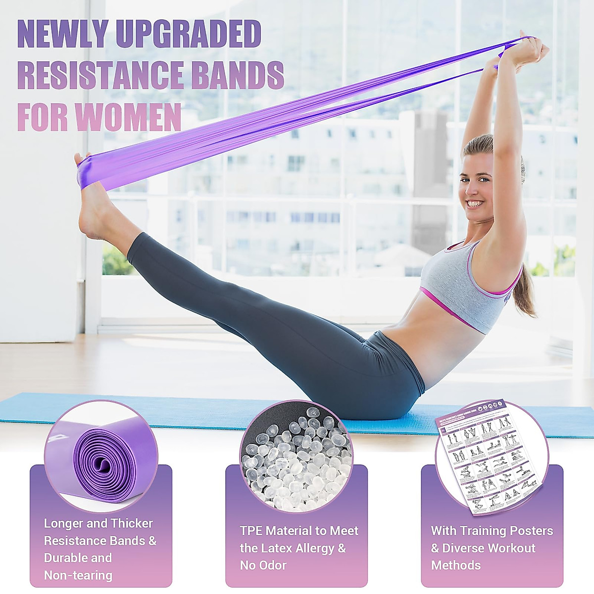 Resistance Bands for Physical Therapy Women, Extended 4.9FT Exercise Stretch Bands for Yoga, Pilates, Rehab, Fitness and Strength Training, Elastic Workout Bands with Training Poster(Purple)