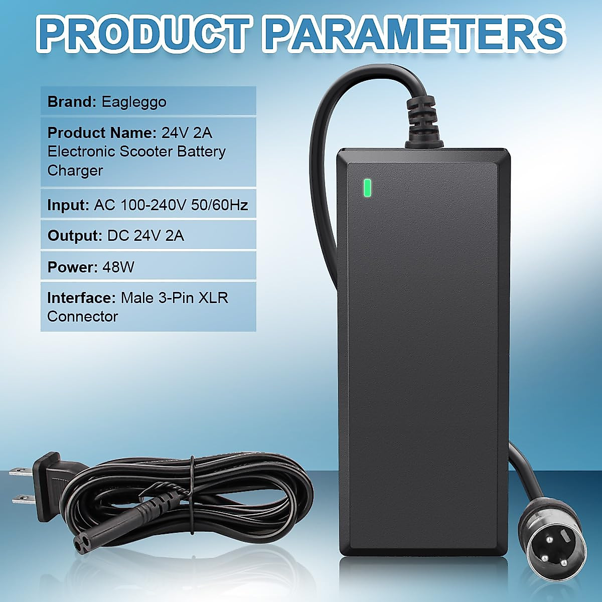 24V 2A 3-Pin XLR Electric Scooter Battery Charger for Go-Go Elite Traveller Plus HD US, Pride Mobility Scooter, Ezip Mountain Trailz, Jazzy Power Chair, 4 Wheel Mobility