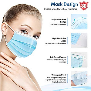 HDFK Face Mask Disposable Adults 3Ply Non-Woven with Nose Clip Ear Loop Blue 50Pack
