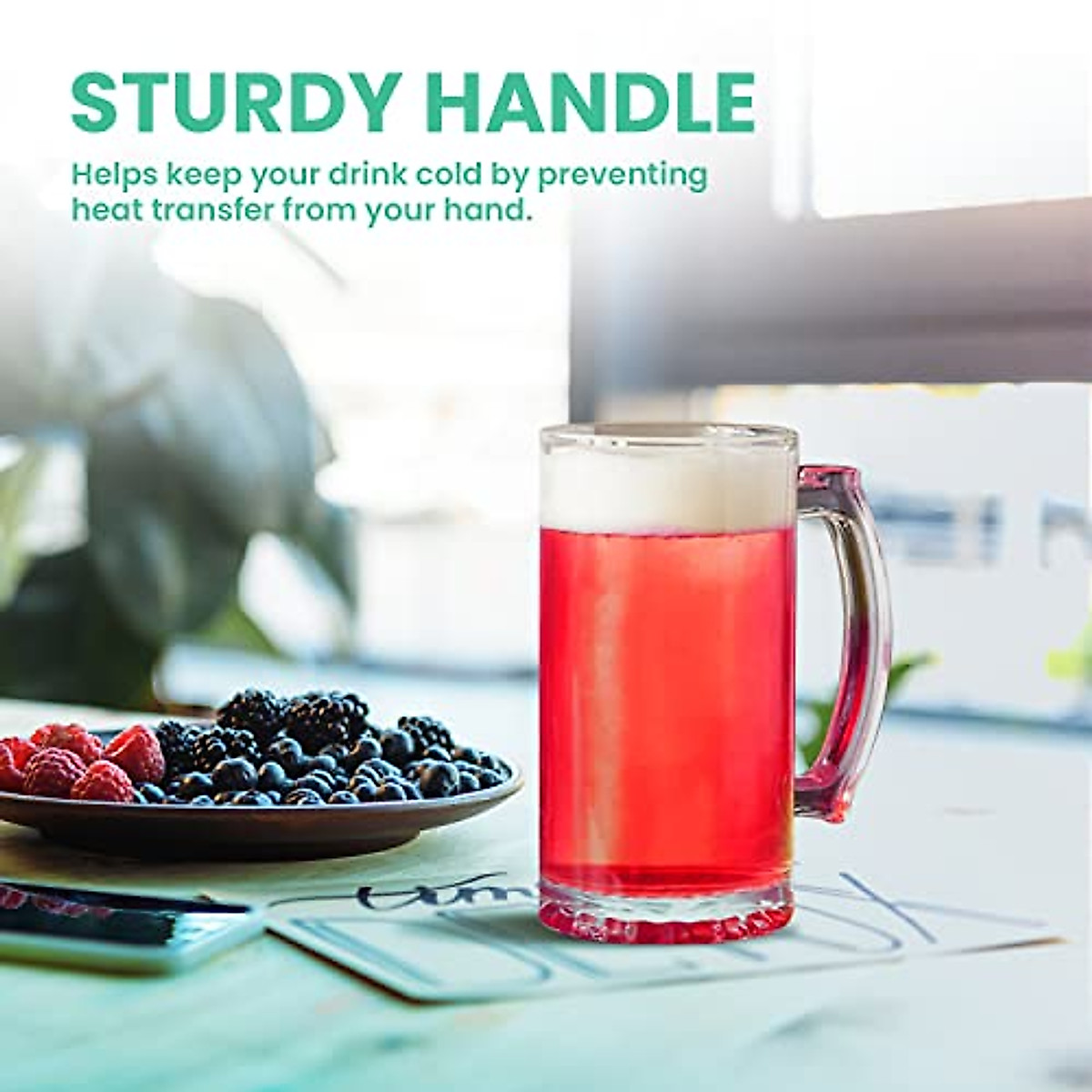 Beer Mug With Handle- Drinking Glass Dishwasher and Freezer Safe - Drinking Cup 26 ounce Large Pub Beer Mug with 2 Stainless Steel Ice Cubes - Traditional Beer Mug, Tea Glass, Cocktail Glass