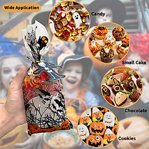 GOMANCHE Halloween Cellophane Treat Bags, 100 pcs Clear Halloween Goodie Bags with 100pcs Twists Ties, 4 Styles Halloween Cellophane Candy Bags with Gift Tag for Kids Halloween Party Supplies