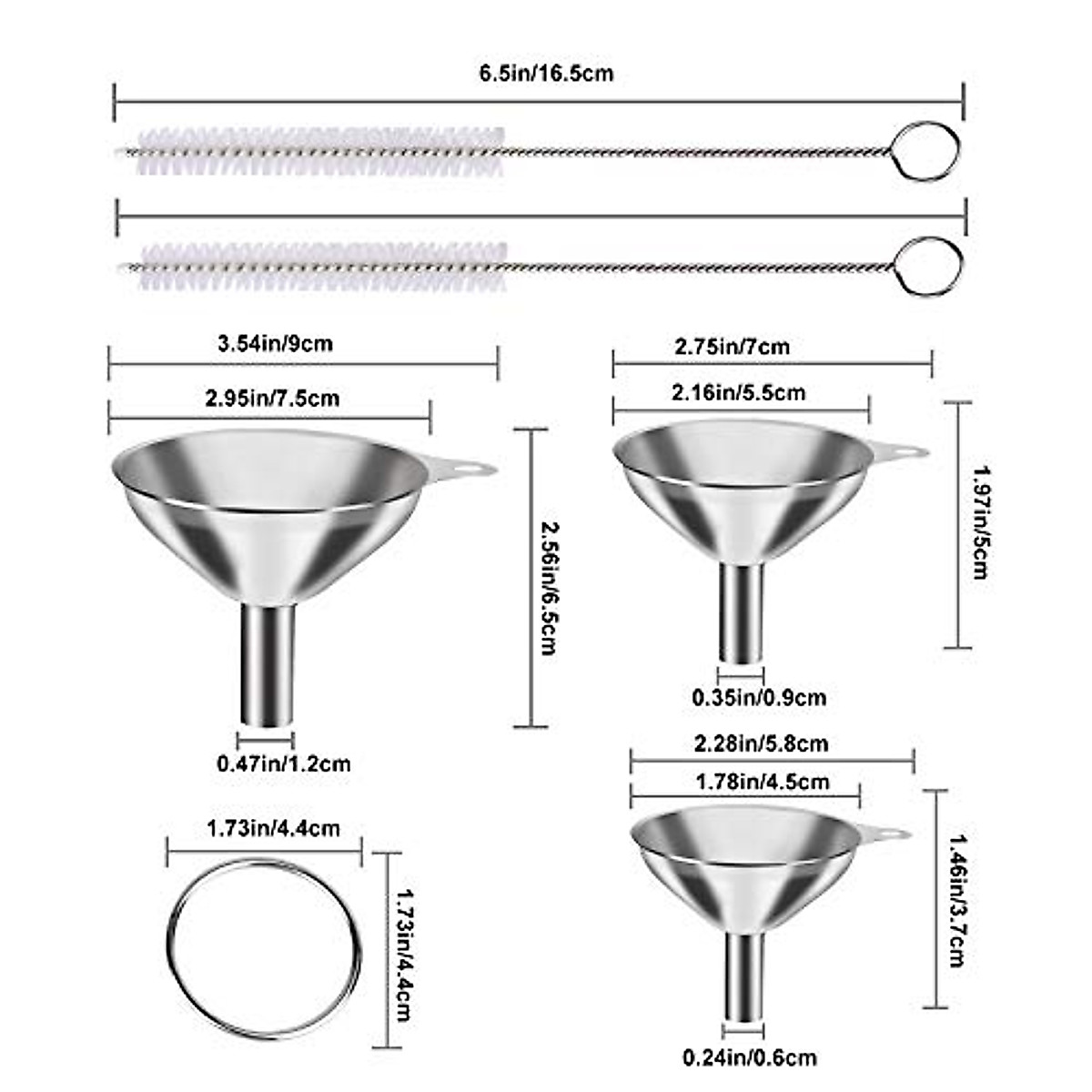 YLYL 6Pcs Metal Stainless Steel Funnel, Large Small Funnel Set of 3, Food Grade Mini Funnels for Kitchen Use Filling Bottles Flask Cooking, 2 Brushes