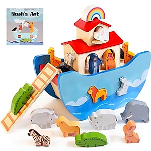 JUSTWOOD Wooden Noah's Ark Toy Animal Play Set, Bible Story Toys Baptism Gift for Boys and Girls, Baby Shape Sorter Toy, Comply with 2025 New ASTM F963-23