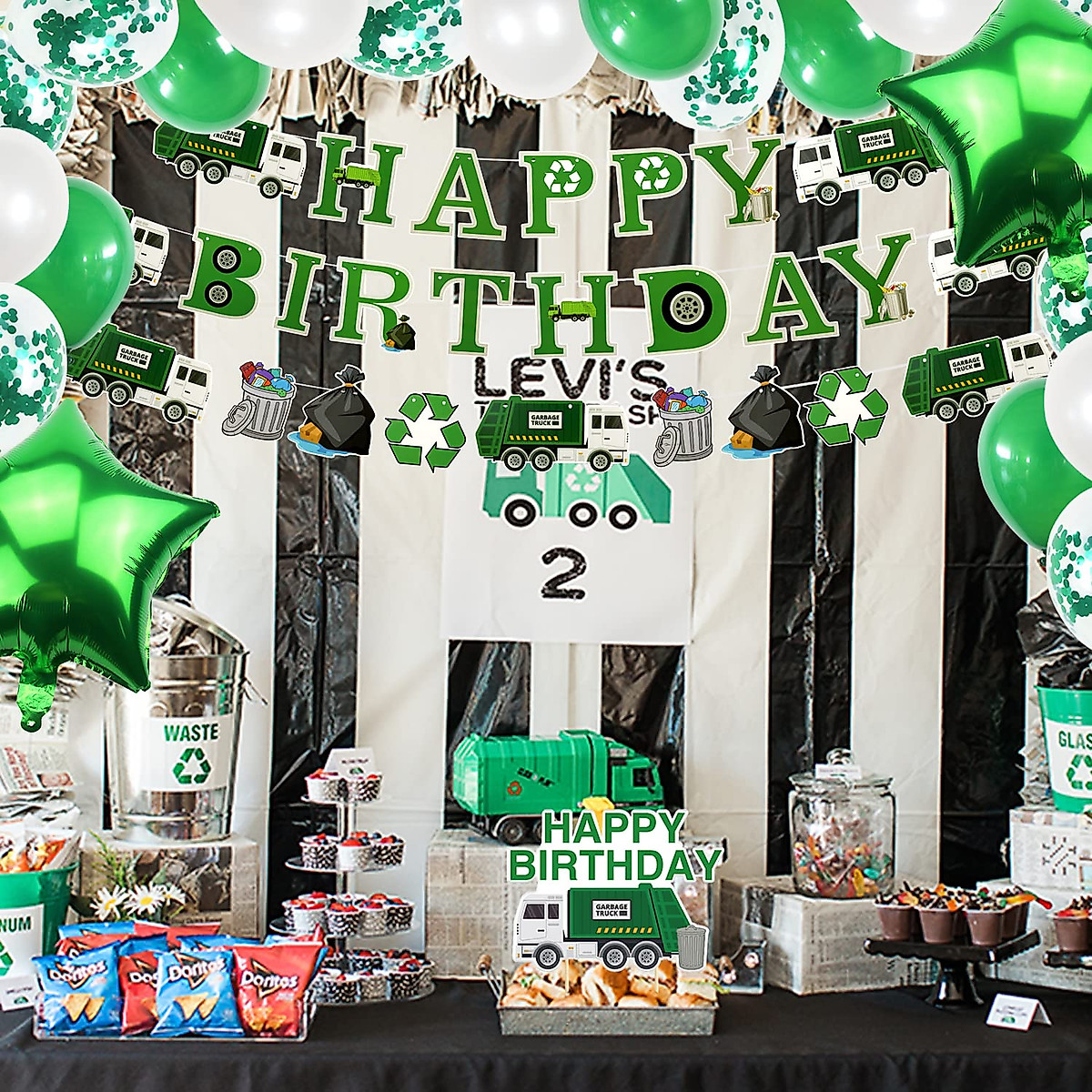 KEFAN Trash Truck Party Decorations, Garbage Truck Birthday Party Supplies with Happy Birthday Banner, latex Balloons, cupcake Toppers, for Kids Waste Management Recycling Birthday Party Decor