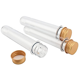 SEUNMUK 60 PCS 40ml Clear Plastic Test Tubes with Gold Caps, 140 x 25 mm Clear Bath Salt Tubes, Test Tubes for Plants, Scientific Experiments, Candy Storage, Powders, Spices