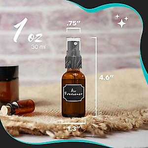 Nevlers 24PK Amber 1oz Spray Bottles | Glass Spray Bottles Set w/Shrink Wrap, Funnel, Brush & Labels | Small Spray Bottle For Use as Mister Spray Bottle, Travel Spray Bottle & Hair Spray Bottle