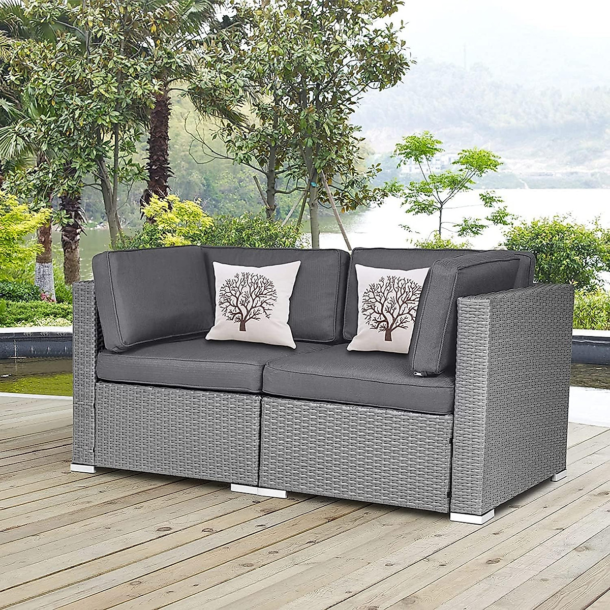 SUNCROWN 2-Piece Outdoor Patio Furniture Corner Sofa Set All-Weather Wicker Sectional Loveseats with Washable Cushions, Grey
