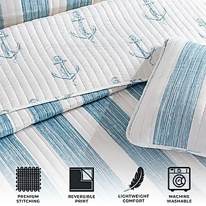 Twin Coastal Quilt Bedding Set, Summer Coastal Quilt with Sham, Beach 2-Piece Reversible All Season Bedspread Quilt Set. Lightweight Nautical Quilted Coverlet. Casco Bay Collection, Blue