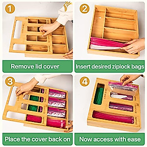 NIKUY Bag Storage Organizer for Kitchen Drawer, Bamboo Baggie Organizer, Compatible with Ziploc, Solimo, Glad, Hefty for Gallon, Quart, Sandwich and Snack Variety Size Bag (1 Box 5 Slots)