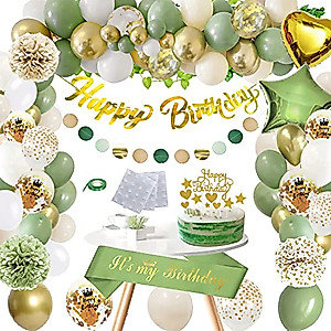 GYESXYW Sage Green Party Decorations, Olive Green and Gold Birthday Decorations Happy Birthday Banner, Birthday Sash and Gold Confetti Balloons for Men Women Boys Girls Baby Shower Birthday Supplie
