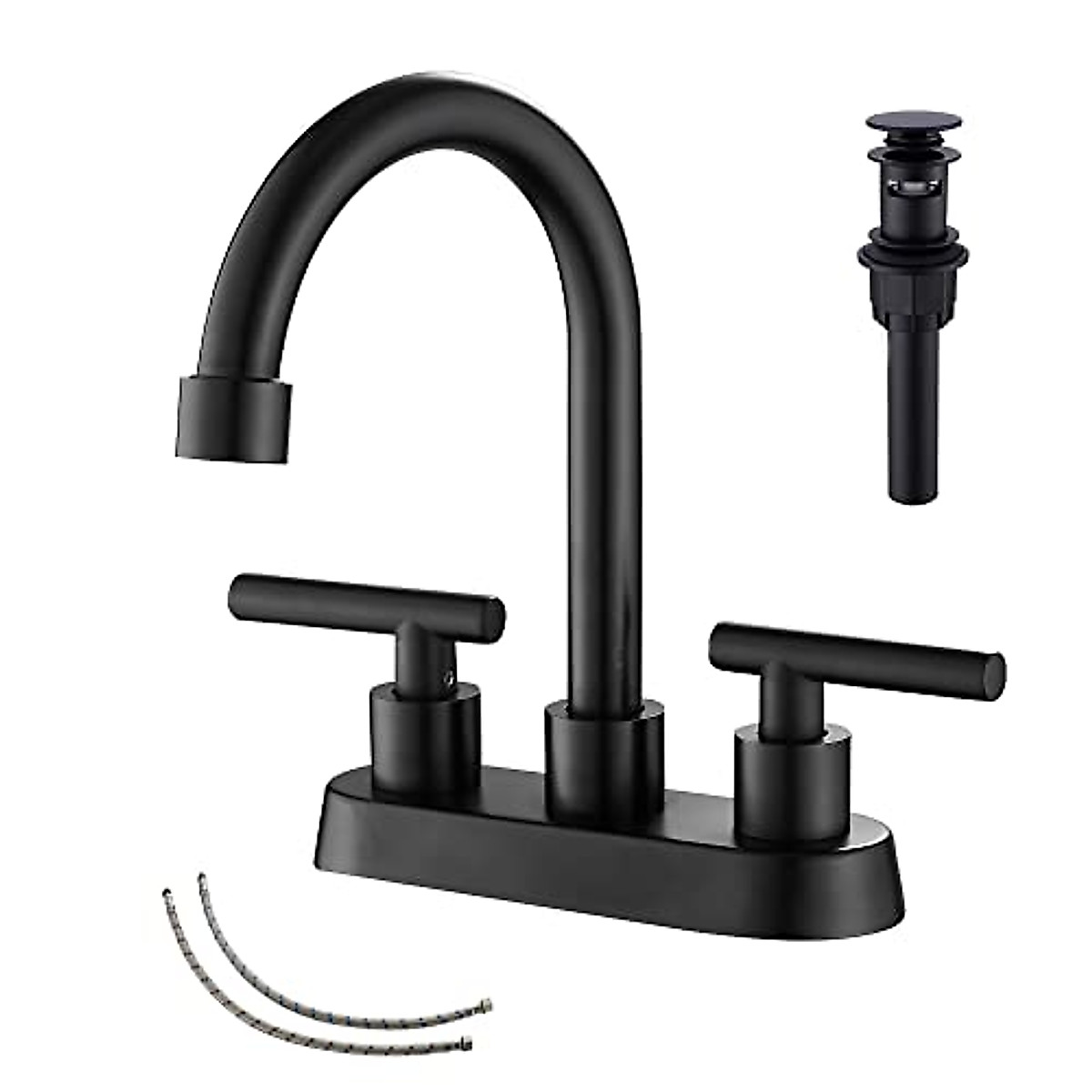 Black Bathroom Sink Faucet GGStudy 2-Handles 4 Inches Matte Black Centerset Faucet with Drain Assembly and Supply Hose Lavatory Faucet Mixer Double Handle Tap Deck Mounted