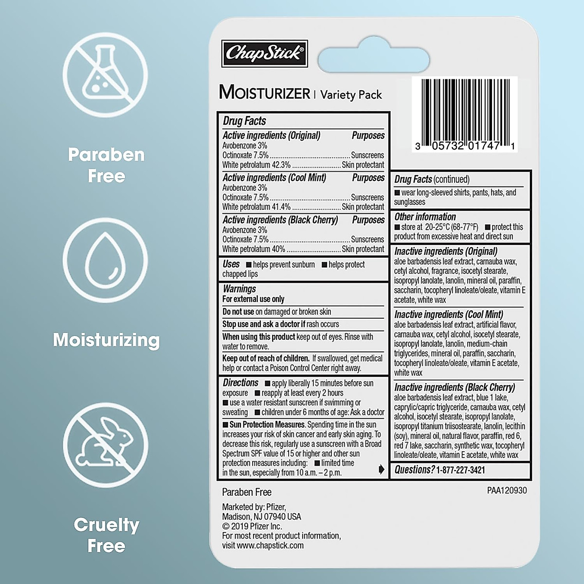 ChapStick Moisturizer 2-in-1 Lipcare SPF 15, Original, Black Cherry, Cool Mint, 3-Pack – Sunscreen Lip Balm with Aloe Vera and Vitamin E, 0.15 Oz Ea