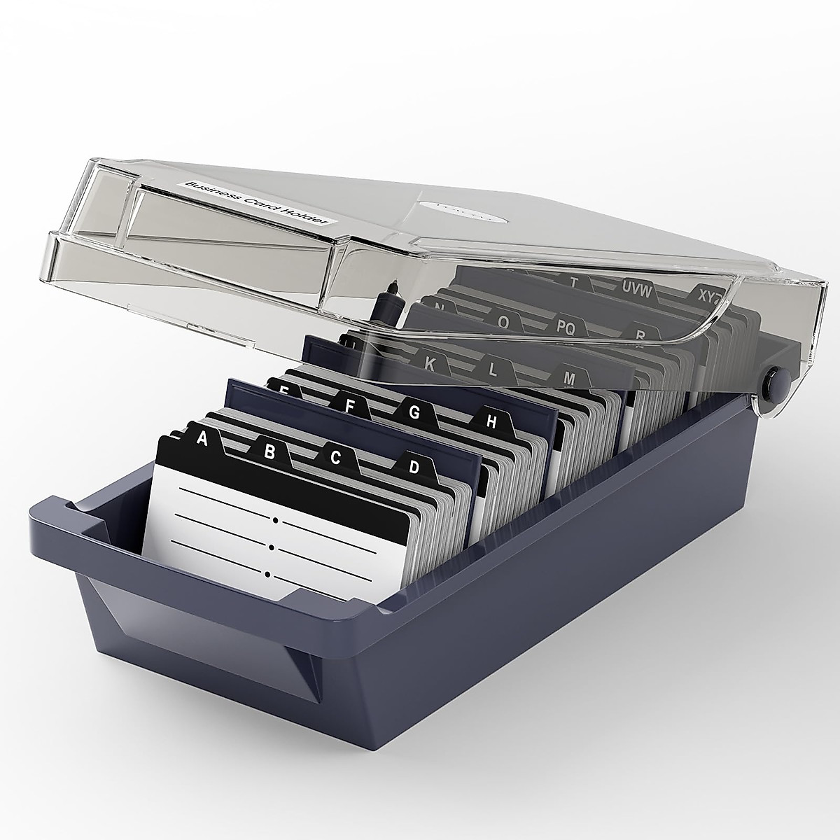 MaxGear Business Card Holder for Desk, Business Card Case Organizer, Credit Card Holder File, Business Card Holders Box Storage, Capacity: 500 Cards (2.2” x 3.5”), 4 Divider Boards & A-Z Tabs, Gray