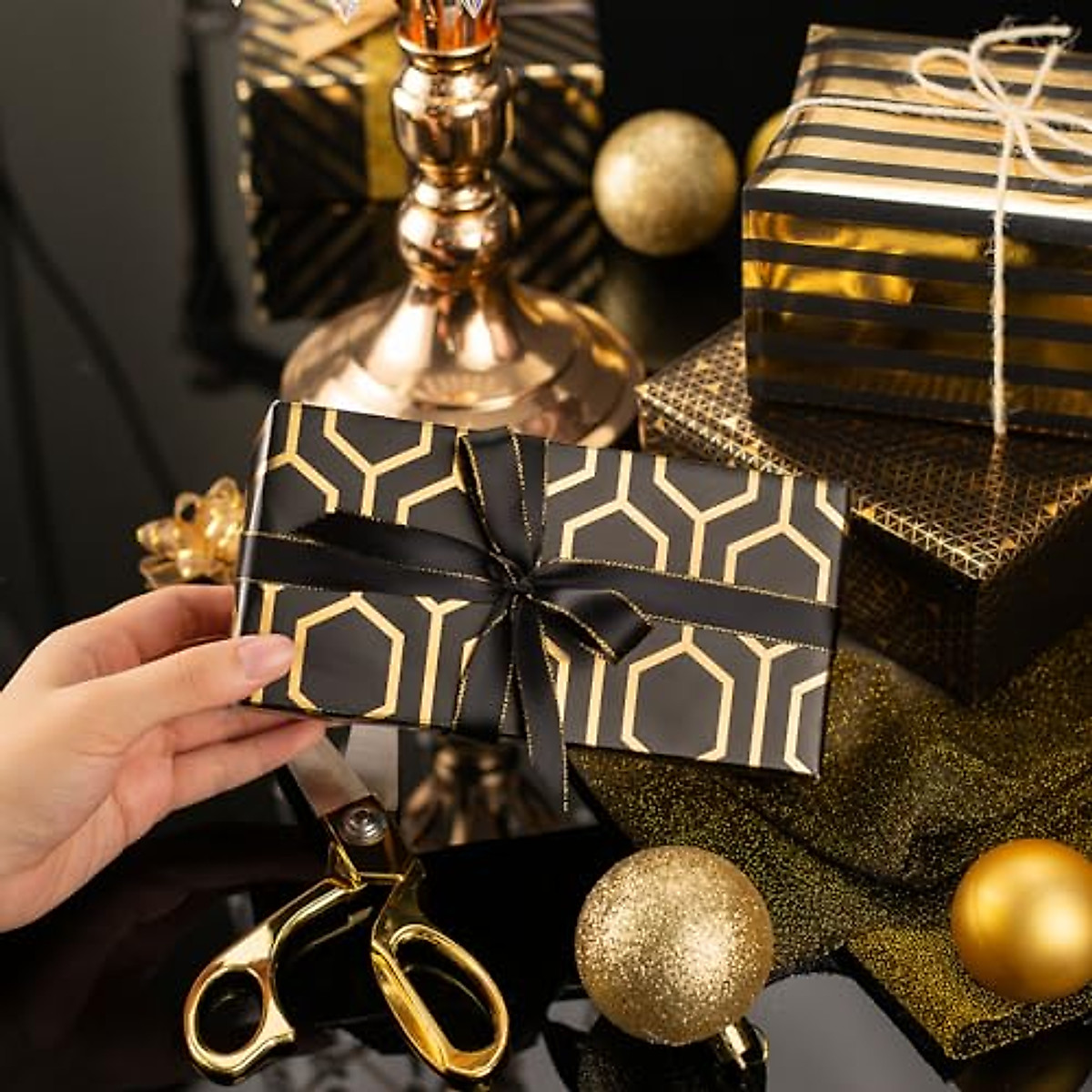 Homeral Wrapping Paper Roll Set-42.5sqft-Gold Foil Stripe, Geometric Patterns on Black Luxury Gift Wrap for Wedding, Bridal Shower, Birthday-17 x 120 inch Per Roll