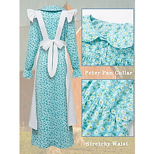 FORTMAC Pioneer Dress Women-Prairie Dress Women 1800s Amish Colonial Dress Women Bonnet Apron Blue S