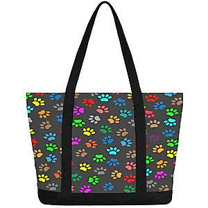 Colorful Cat Dog Paw Canvas Totes Shoulder Bag for Women Girls, Animal Paw Print Handbag with External Pockets Daily Essentials Large Top Zipper Cloth Bag