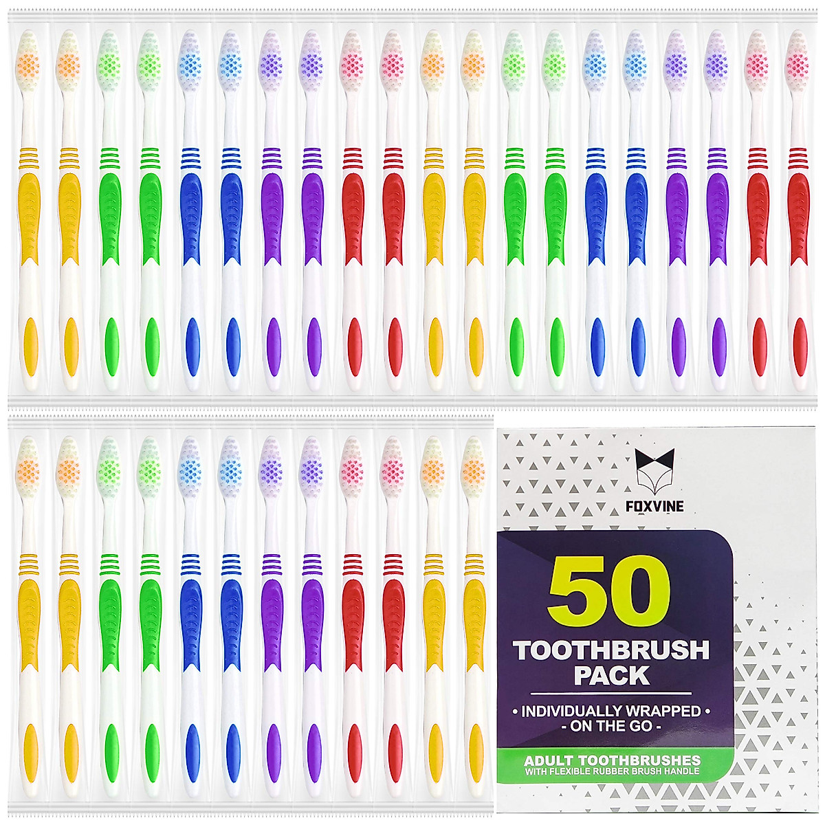 EcoFox Bulk Toothbrushes 50 Pack | Individually Wrapped Travel Toothbrush Set for Adults & Kids | Made with a Medium-Soft Large Brush Head | BPA-Free & Disposable!
