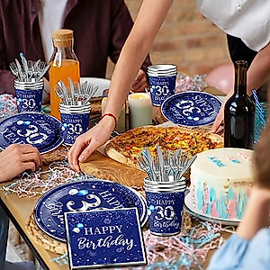 GREHUMOR 142 Pcs 30th Birthday Tableware Set Decorations Sliver and Blue 30th Happy Birthday Party Supplies for Men Women Birthday Tablecloth,Plates, Napkins, Cups,Forks and Knives