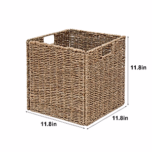 Seagrass Storage Basket,Folding 2 Packs Handmade Woven,Decorative Seagrass Shelf Basket,Wicker Shelf Basket For Storage Toys Books And Clothes and Other What You Want, 12x12x12 Inches. (seagrass)