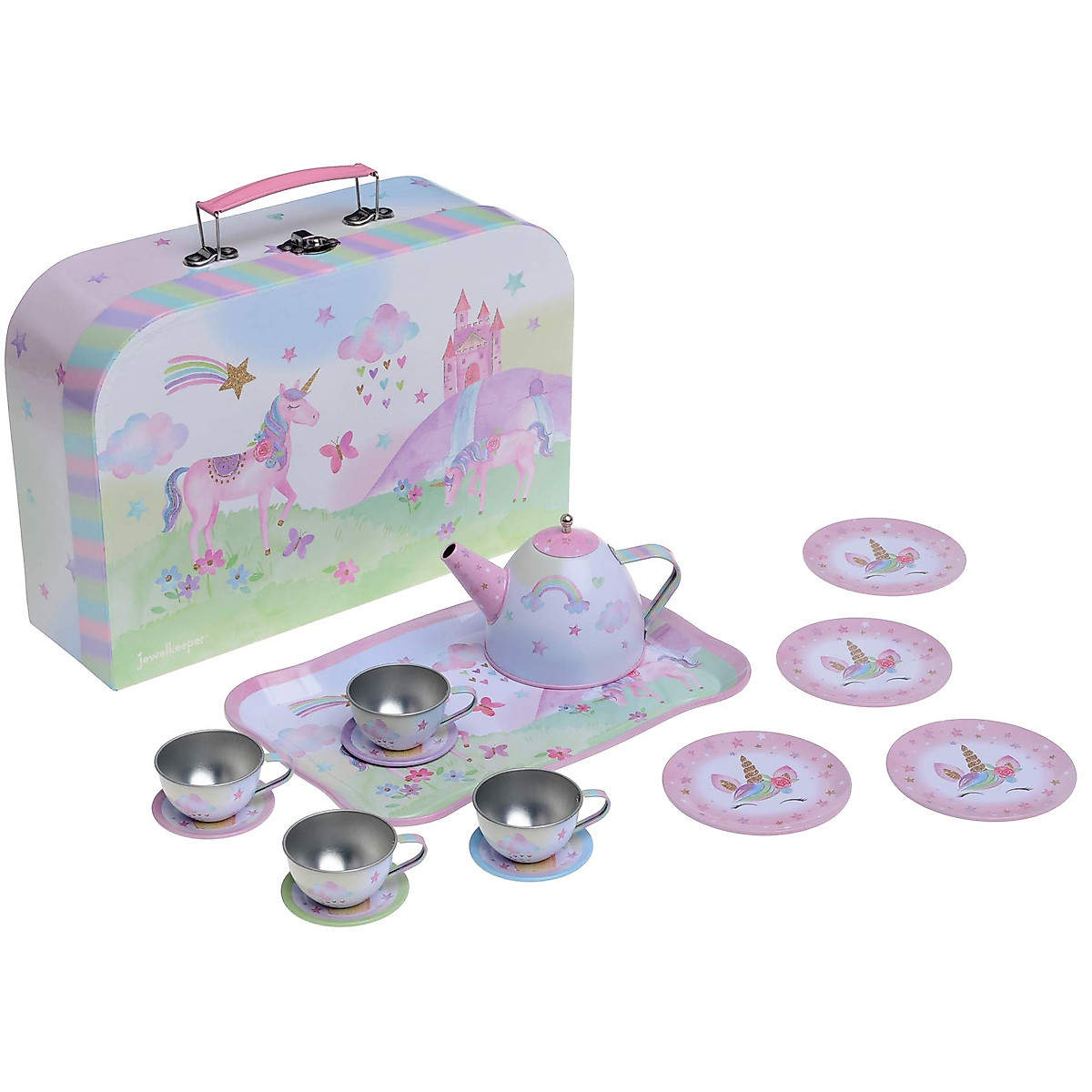 Jewelkeeper Toddler Toys Tea Set for Little Girls - 15 Pcs Tin Tea set for kids Tea Time includes Teapot, 4 Tea Cup and saucers set & 4 snack plates , Unicorn Tea Party Set with Carrying Case