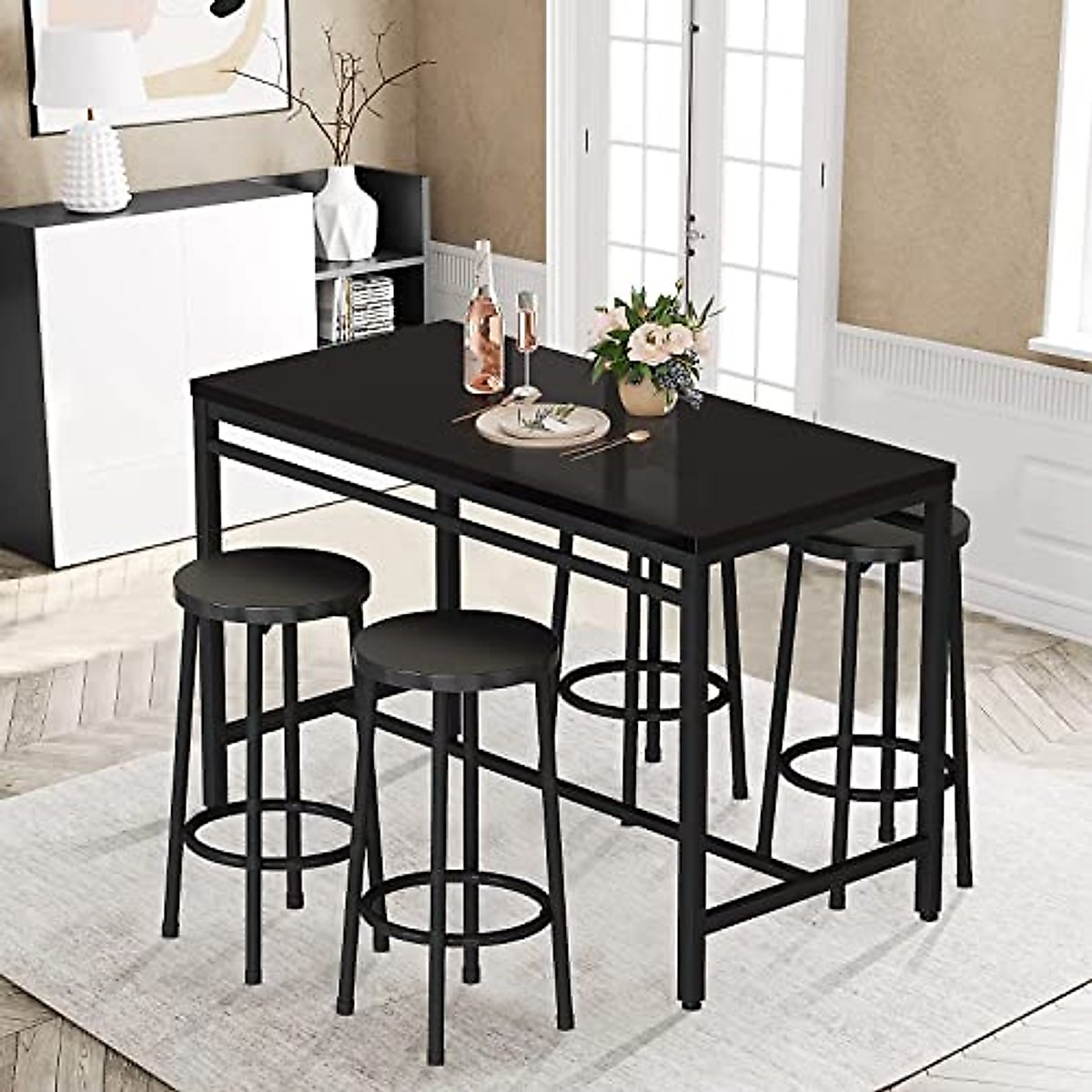 AWQM Counter Height Table with 4 Stools, 5-Piece Pub Table Set for Small Space Kitchen Breakfast Table, Bar Table and Chairs Set, Kitchen Dining Table Set, Space Saving Furniture (Black)