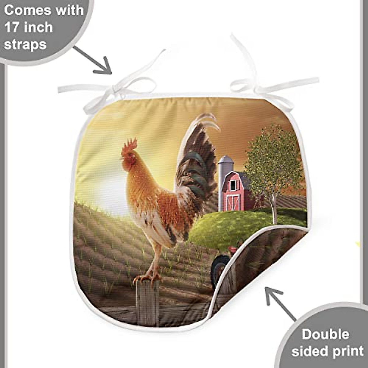 Lunarable Country Chair Pad Set of 6, Farm Barn Yard Image Rooster Animal Early Bird Nature and Rising Sun Print, Water Resistant Pillow with Ties Dining Room Kitchen, 15" x 15", Pale Brown Red