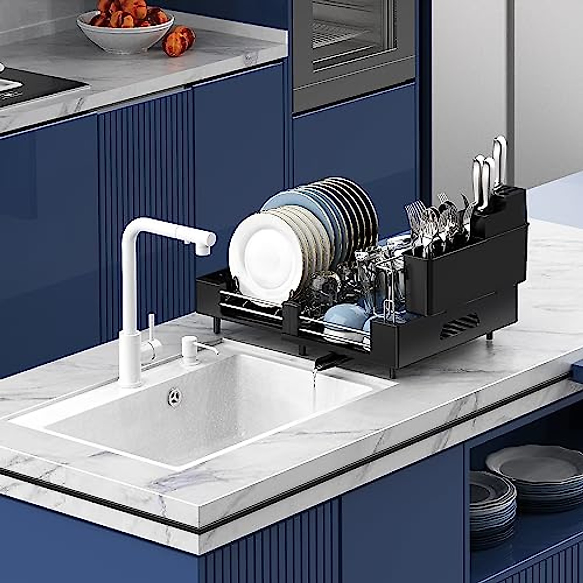 ROTTOGOON Expandable Dish Drying Rack, Stainless Steel Rustproof Dish Rack for Kitchen Counter, (12.8"-19.1") Dish Drainer with Drainage, Utensil Holder, Cup Holder for Various Kitchenware, Black