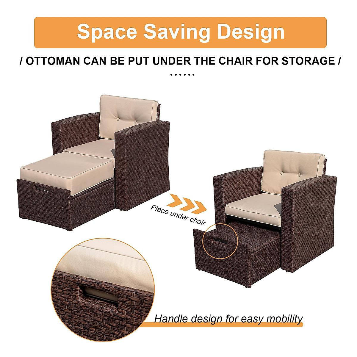 Super Patio 5 Piece Outdoor Furniture Set, PE Wicker Rattan Small Patio Set Balcony Furniture, Outdoor Sofa with Ottomans, Tempered Glass Side Table, Beige Cushions, for Porch, Deck, Poolside