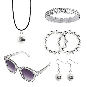 Heliltd 6pcs 1970s Disco Ball Accessories Women Set for Women 70s Disco Ball Necklace Earrings 70s Disco Ball Bracelet Sunglasses Silver