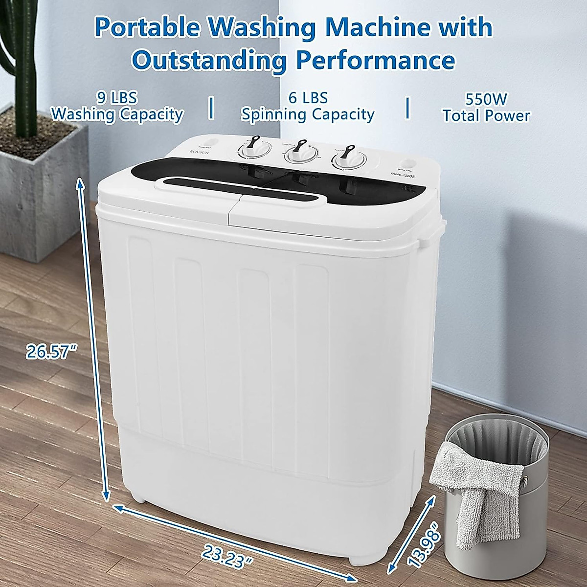 ROVSUN Portable Washing Machine, 15LBS Mini Compact Twin Tub with Washer(9lbs) & Spiner(6lbs) & Built-in Pump Draining for Apartment Camping College Dorm Home RV
