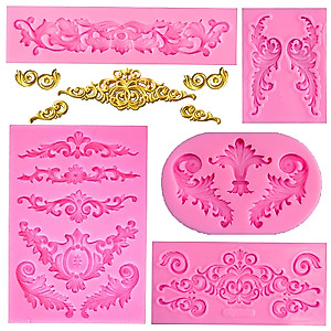 Rainmae 5 Pcs Baroque Style Curlicues Scroll Lace Fondant Silicone Mold, Relief Flower Lace Mould Filigree Mold 3D Sculpted Decoration, Cupcake Topper, Jewelry, Polymer Clay, Crafting Projects