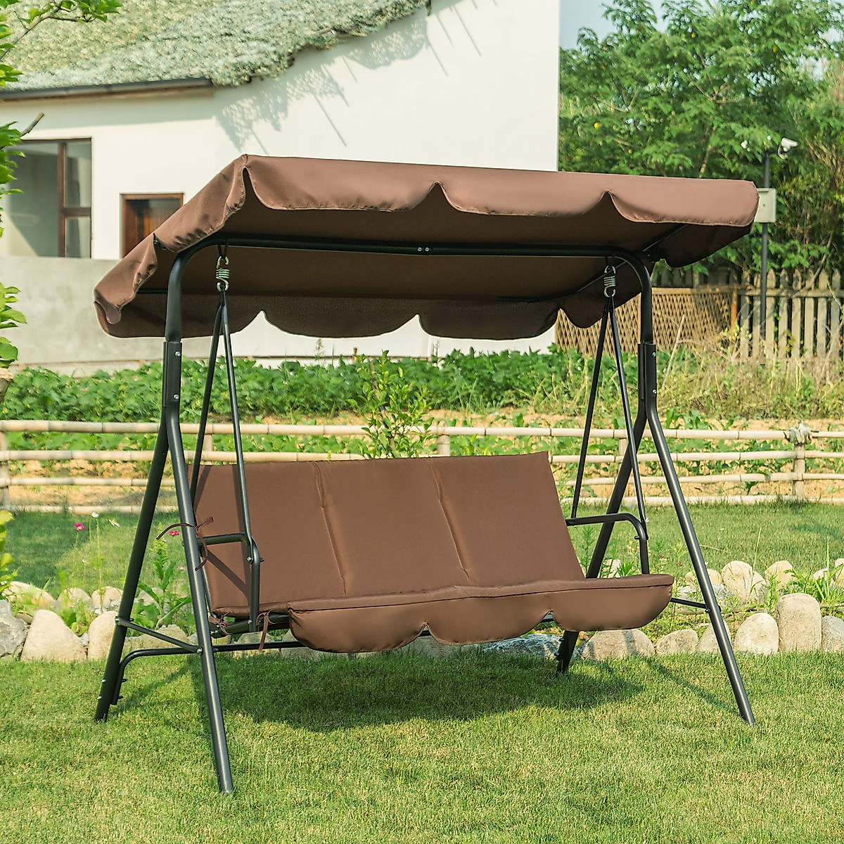 MCombo 3-Person Outdoor Patio Swing Chair, Convertible Canopy Hanging Swing Glider Lounge Chair, Removable Cushions, 4003 (Brown)